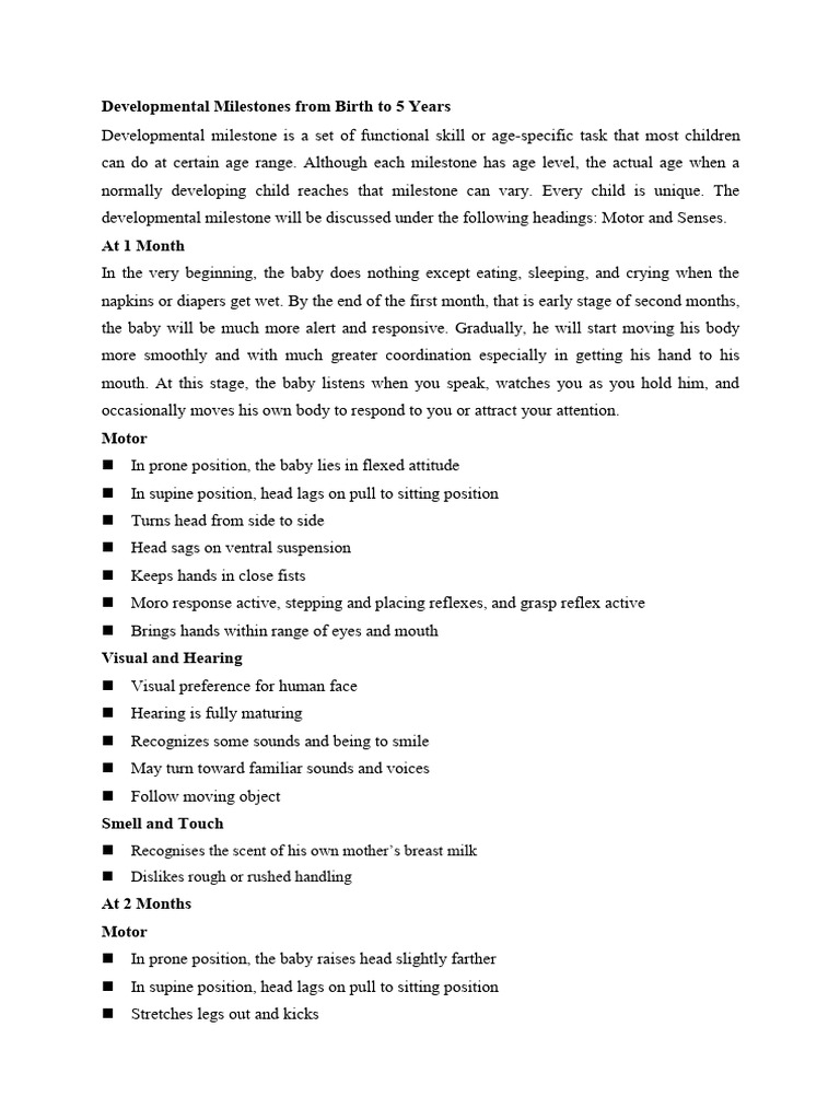 Developmental Milestones From Birth To 5 Years | PDF | Infants | Behavioural Sciences