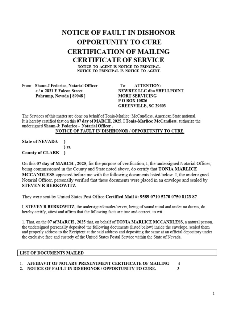 Final Notice of Fault in Dishonor Opp To Cure Documents - Certified RRR ...