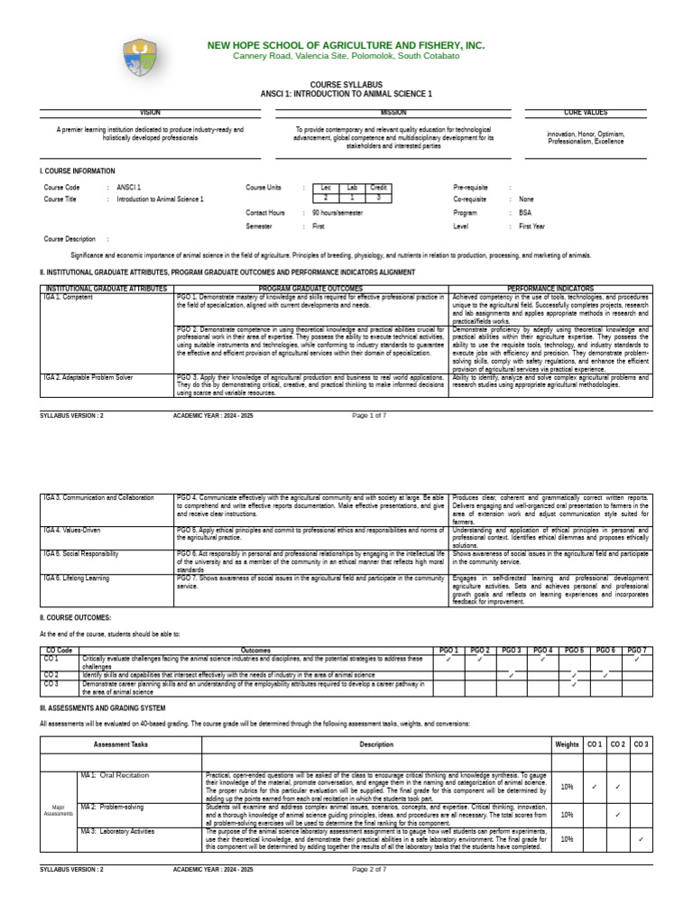 Introduction To Animal Science Syllabus | PDF | Educational Assessment ...