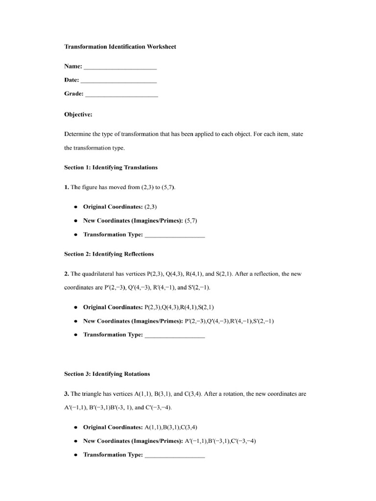 Transformation Identification Worksheet | PDF