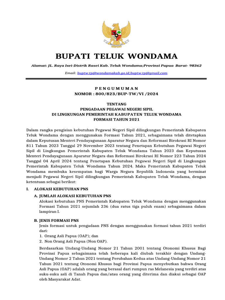 Pengadaan PNS Kabupaten Teluk Wondama | PDF