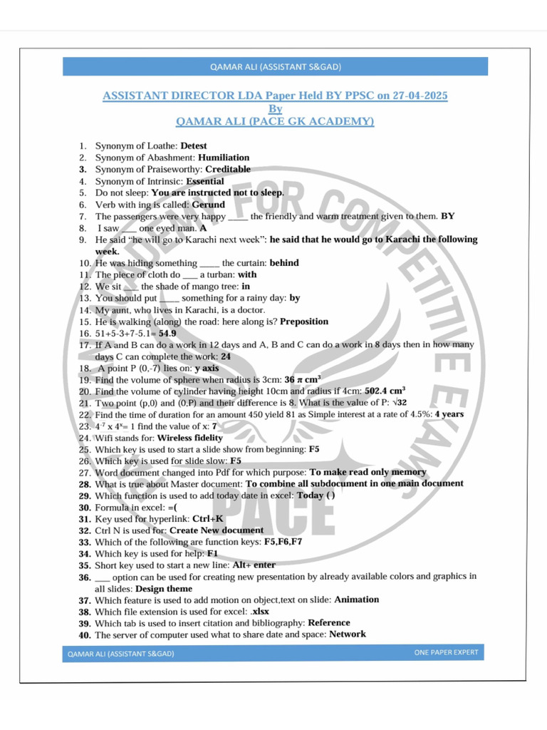 AD LDA by Qamar Ali (PACE GK Academy) | PDF