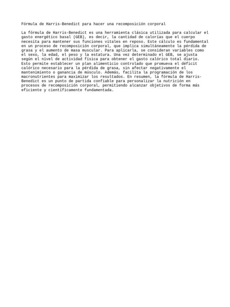 Fórmula Harris-Benedict para GEB y Nutrición | PDF
