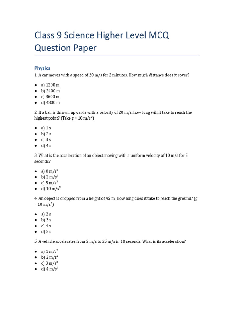 Class 9 Science Higher Level MCQ Paper Final | PDF | Kinetic Energy ...