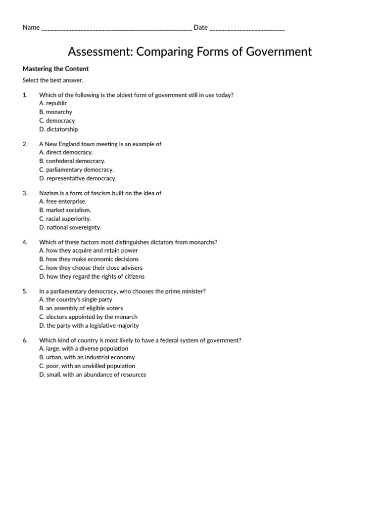 Unit-1 - Assessment - Comparing - Forms - of - Government | PDF ...