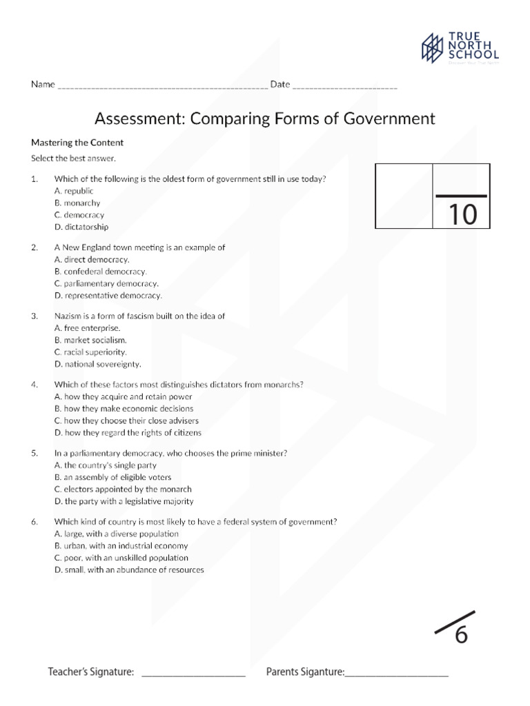 Unit-1 - Assessment - Comparing - Forms - of - Government - TNS | PDF