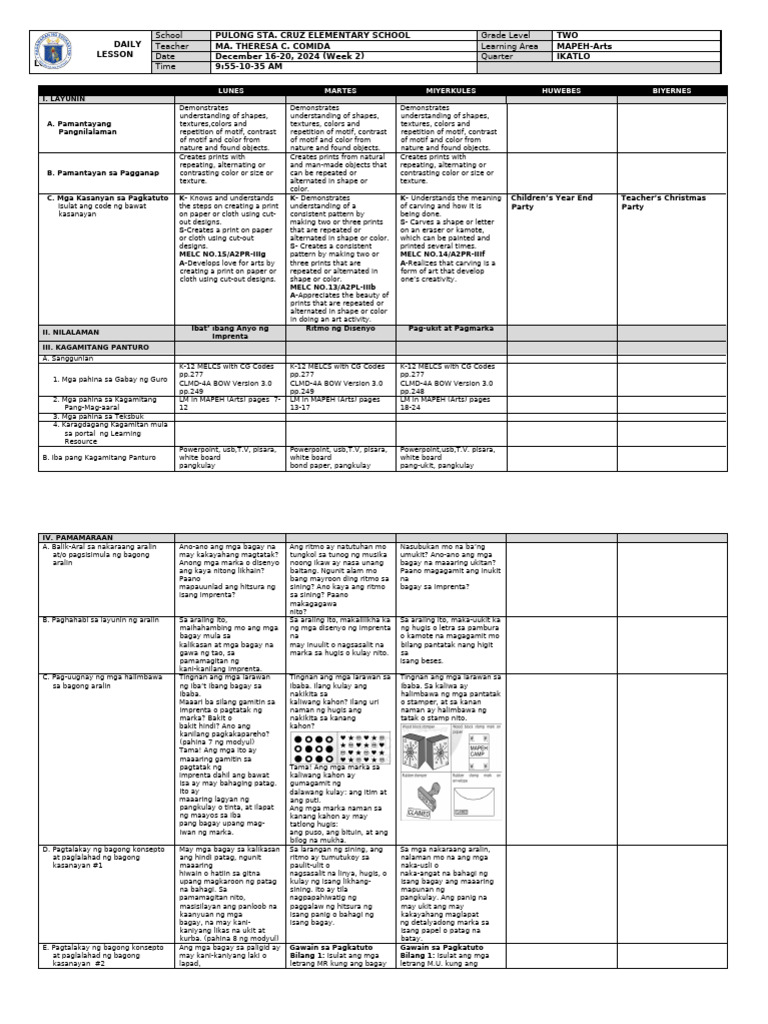 DLL in Mapeh Arts q3 w2 | PDF
