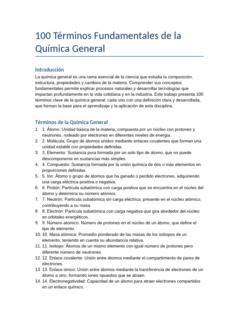 100 Términos Clave de Química General | PDF | Química | Átomos