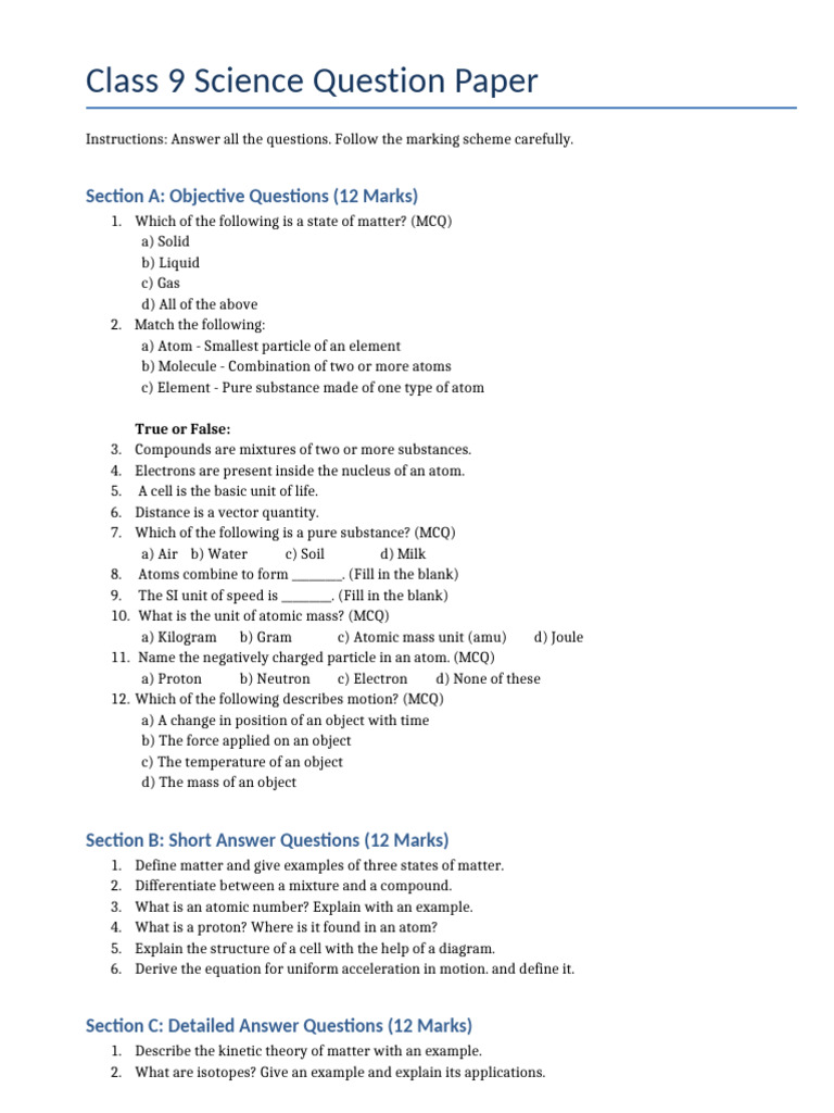 Class_9_Science_Question_Paper (2) | PDF | Atoms | Matter