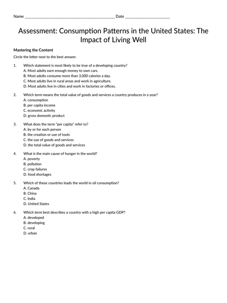 Unit 2 - Consumption Patterns in the United States the Impact of Living ...