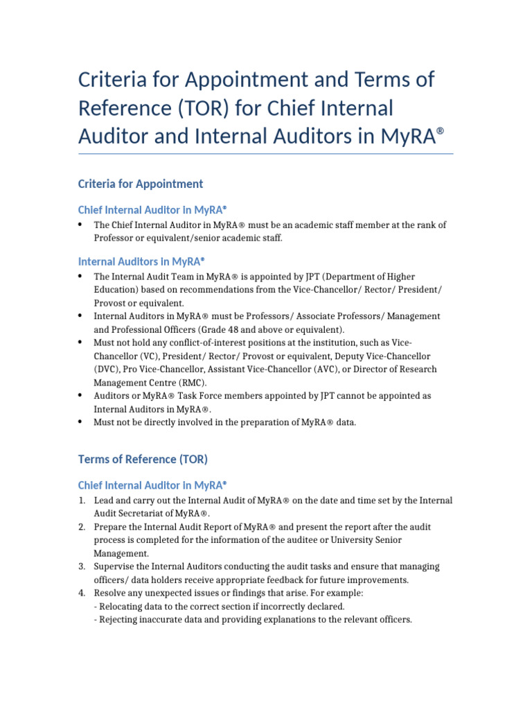 MyRA Auditor Criteria and TOR | PDF | Internal Audit | Auditor's Report