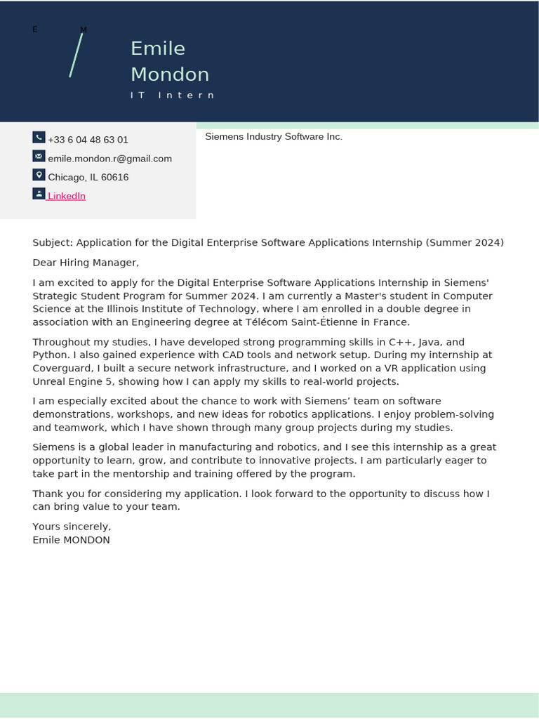 Cover Letter Siemens | PDF