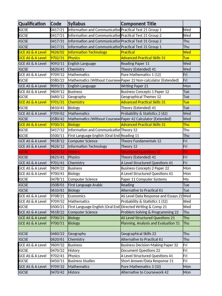 Admin IG, As, A Level Timetable | PDF | Student Assessment And ...