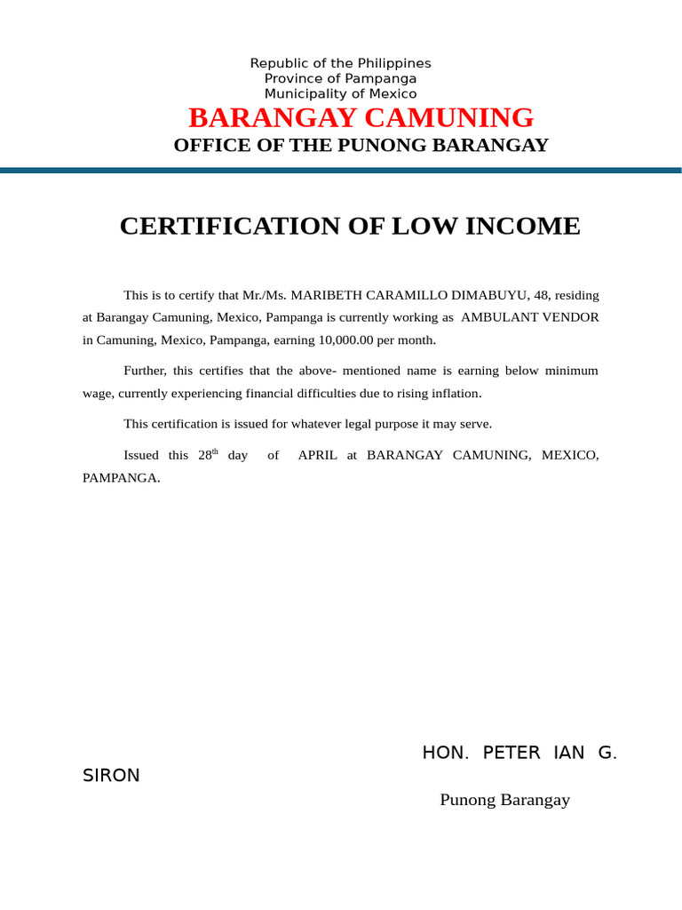 CERTIFICATE OF LOW INCOME SOLO PARENT | PDF