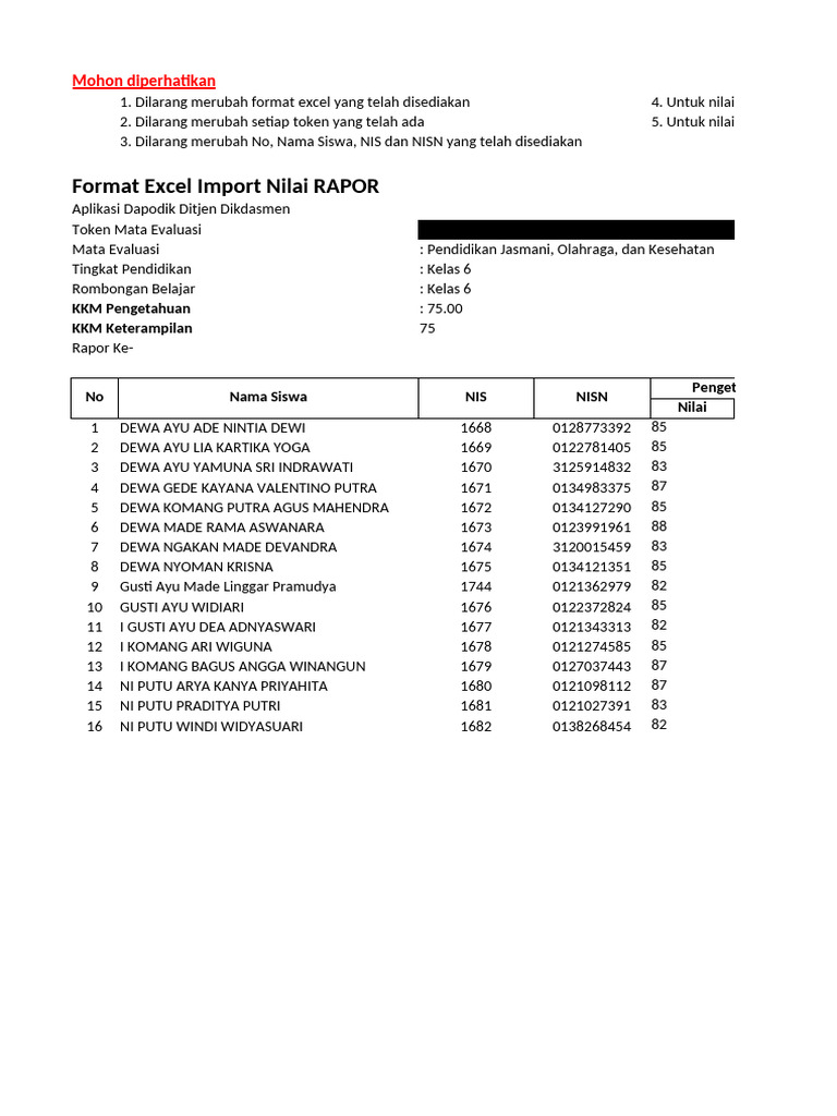 Format-Nilai-Rapor-20241-Kelas - 6-Pendidikan Jasmani, Olahraga, Dan Kesehatan | PDF