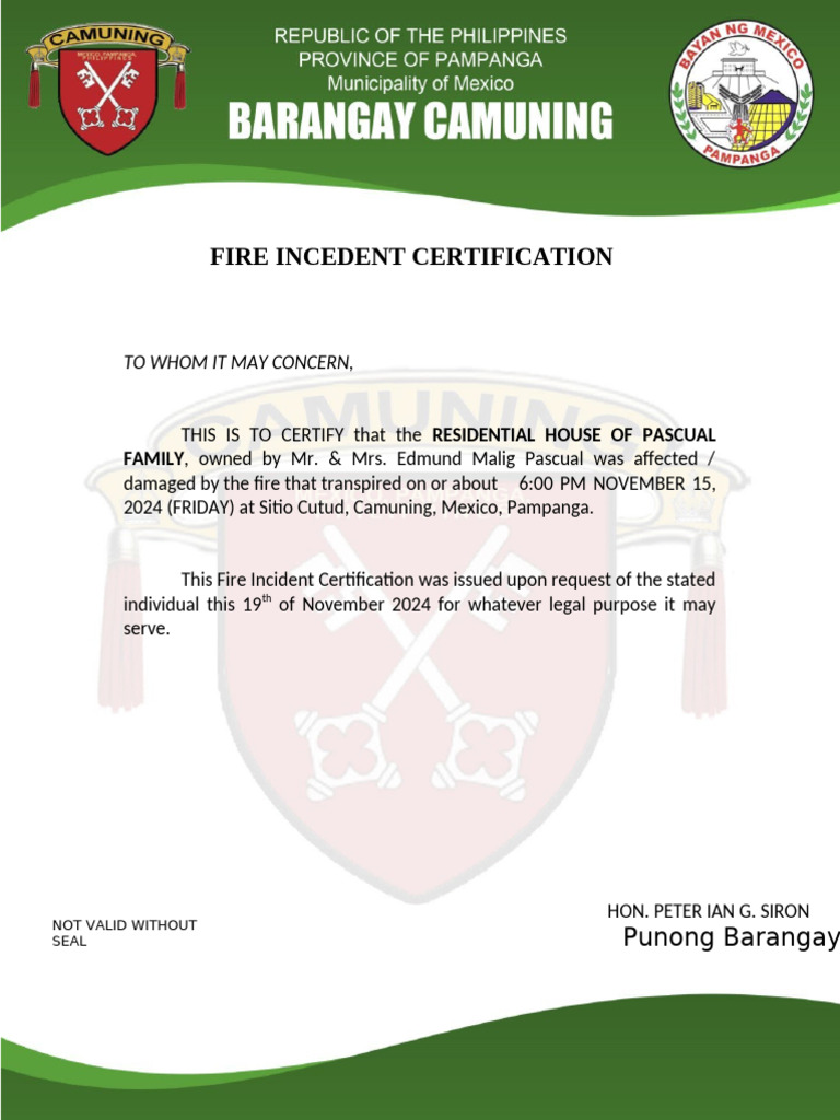 Fire Incedent Certification | PDF