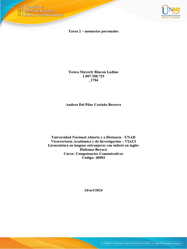 Unidad 1-Tarea 2 - Memorias Personales - Yesica Rincon | PDF