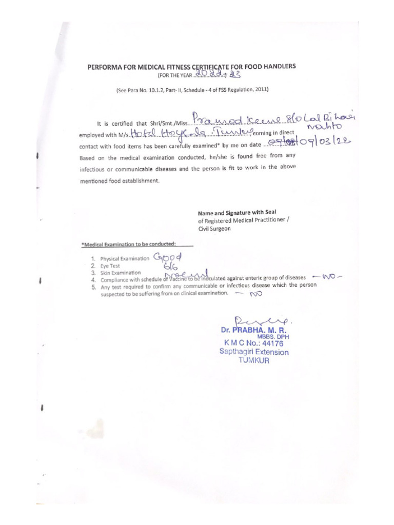 Quiz14134512 - Performa For Medical Fitness Certificate For Food ...