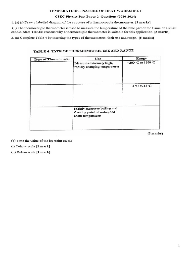 CSEC Physics Temperature Worksheet | PDF | Thermometer | Temperature