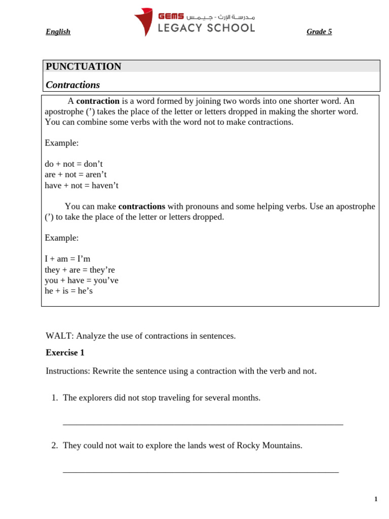 Punctuation - Contractions - Grammar Exercise Book - Grade 5 | PDF