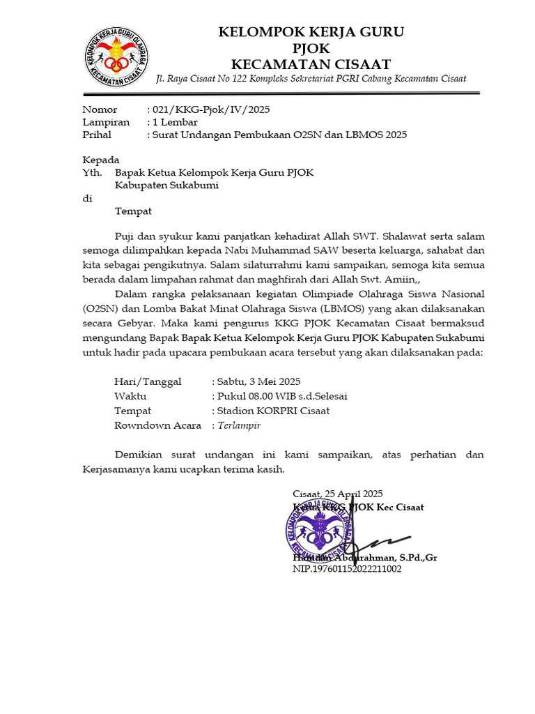 SURAT UNDANGAN Ketua KKG PJOK Kab. Sukabumi PEMBUKAAN O2SN Dan LBMOS ...