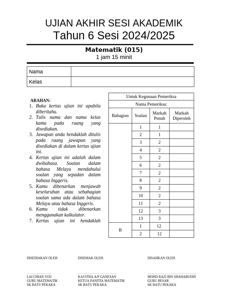 Cover Uasa Matematik 2024 | PDF