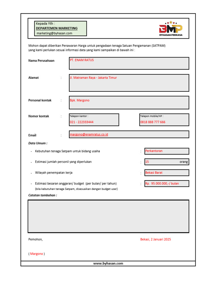 Contoh Pengisian Form Permintaan Penawaran Harga | PDF
