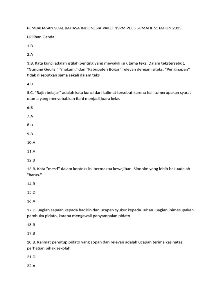 Kunci Jawaban SPM 2025 Bahasa Indonesia | PDF