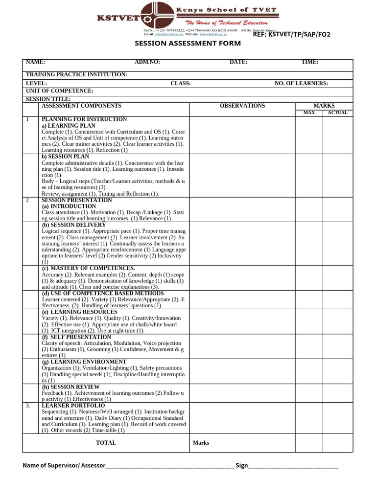 Session Assessment Form Revised 2024 | PDF | Learning | Curriculum