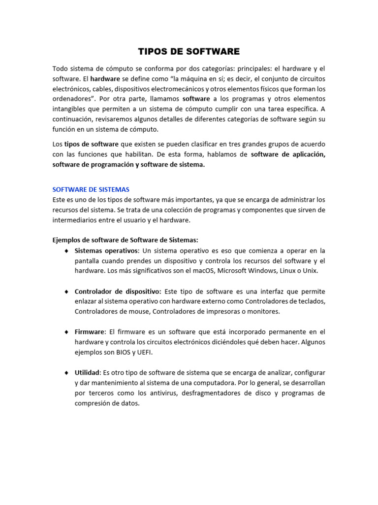 Tipos de Software | PDF | Hardware de la computadora | Sistema operativo