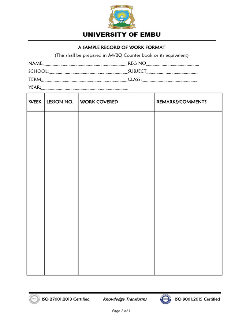 Students Record of Work Format 1 | PDF