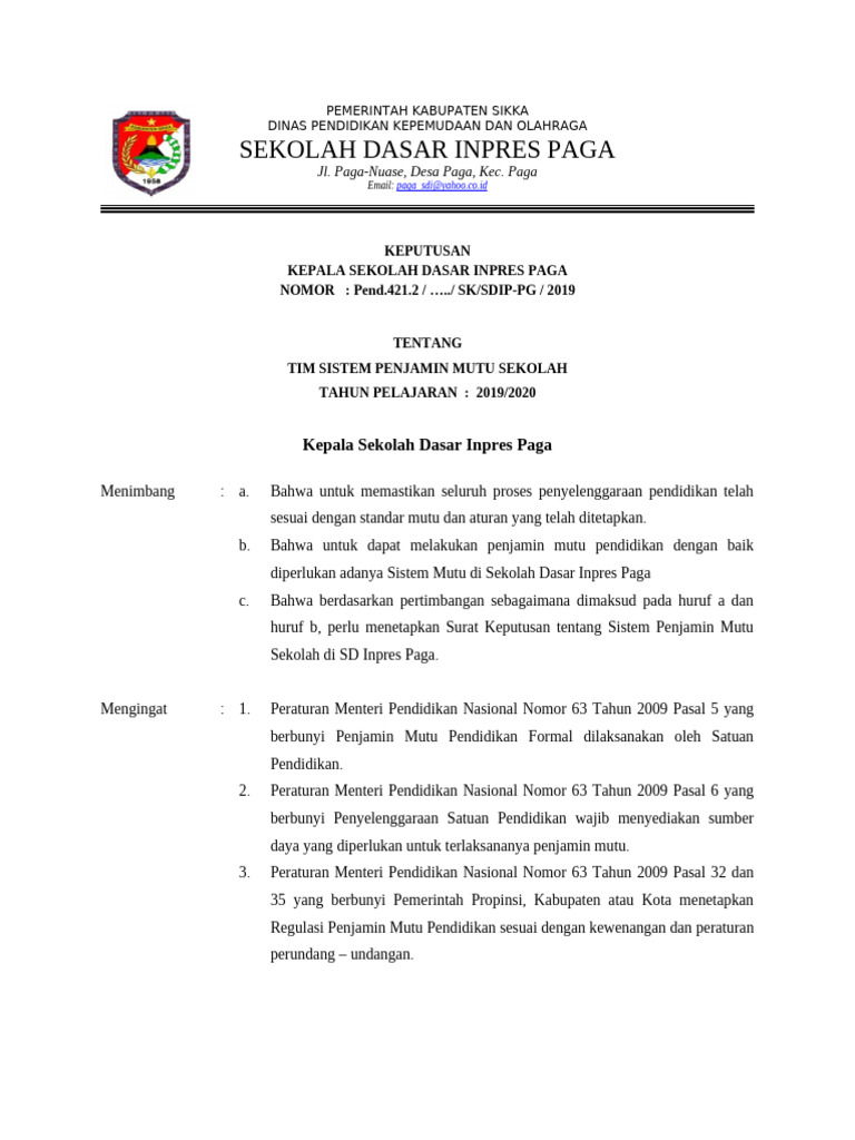 SK TIM Penjamin Mutu Sekolah | PDF