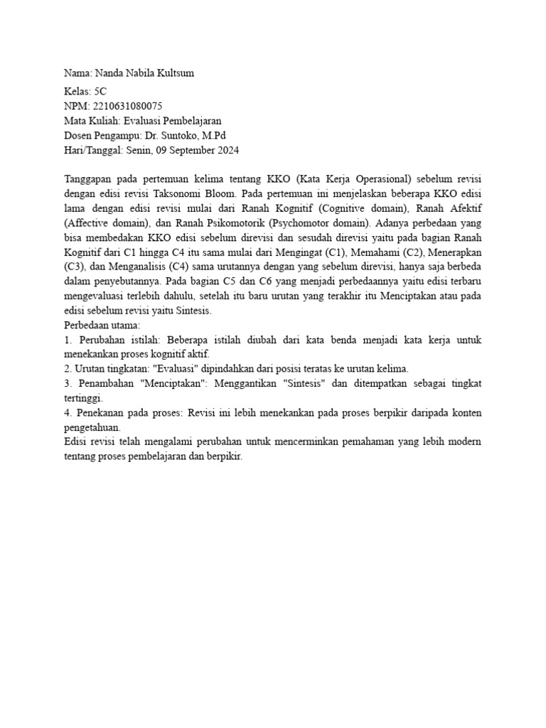 Nanda Nabila Kultsum_Tanggapan Evaluasi Pembelajaran_075 | PDF