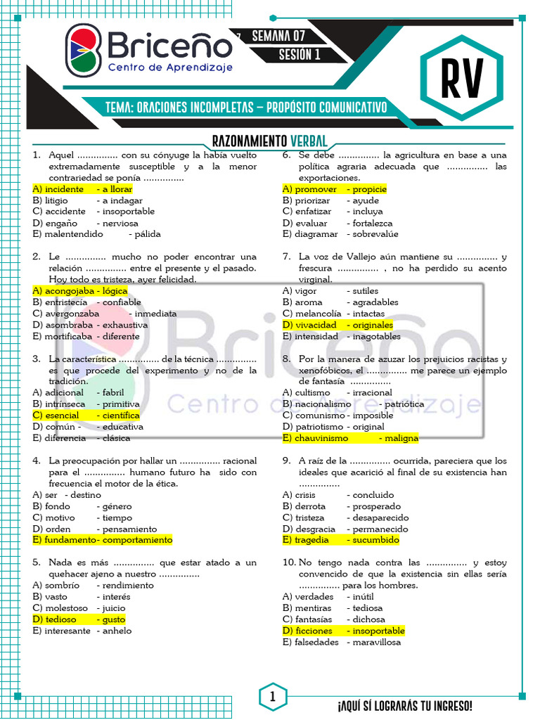 RV - ORD - S7 - S1 - Oraciones Incompletas - Propósito Comunicativo (RPTA) | PDF