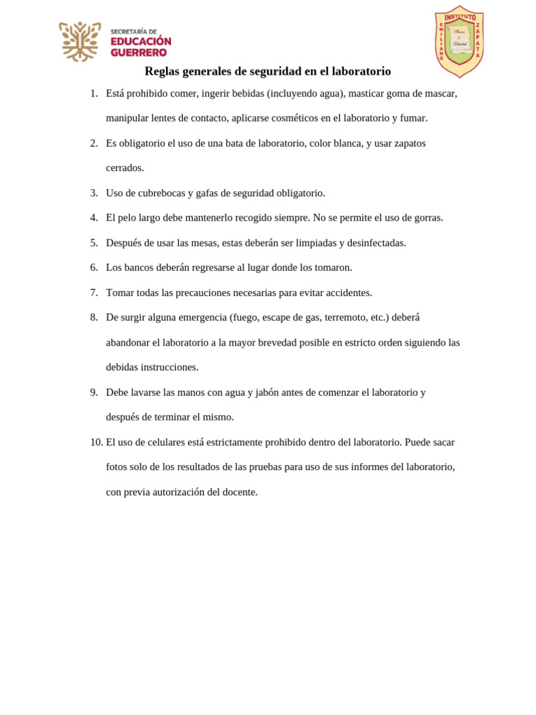 Reglas generales de seguridad en el laboratorio | PDF