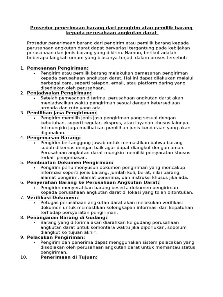 Prosedur penerimaan barang dari pengirim atau pemilik barang kepada ...