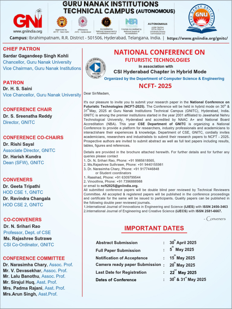 NCFT-2025 Call for Papers at GNITC | PDF