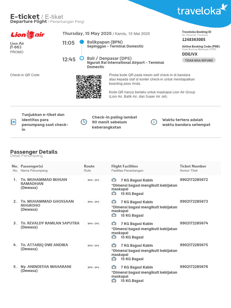 FLIGHT#1-Muhammad Ghossaan Nugroho-BPN-DDEJVX, VBY7KJ-DPS-FLIGHT - ORIGINATING | PDF