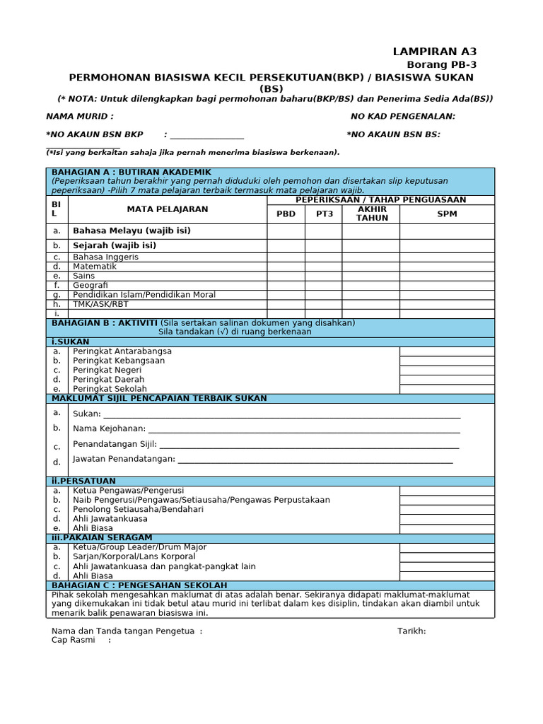 Lampiran A3 Borang PB - 3 BS | PDF