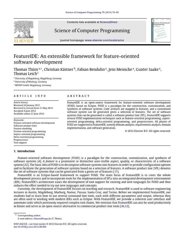 Featureide An Extensible Framework For Feature Oriented Software Development Pdf Eclipse