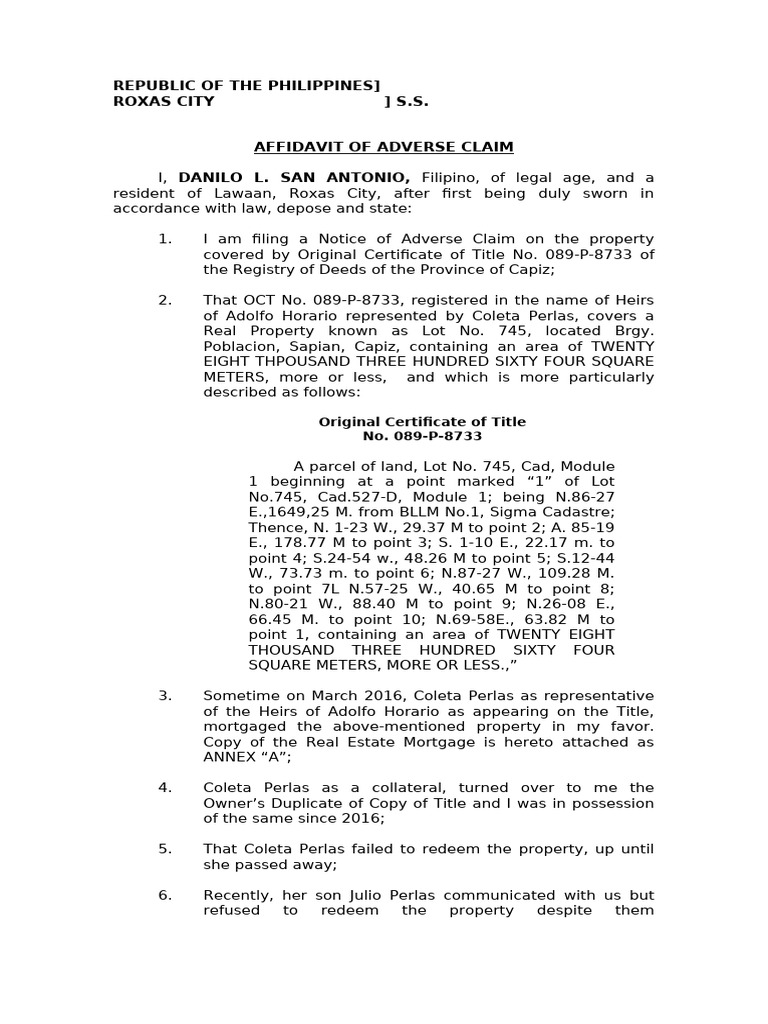 Affidavit of ADVERSE CLAIM. | PDF | Legal Procedure | Natural Resources Law