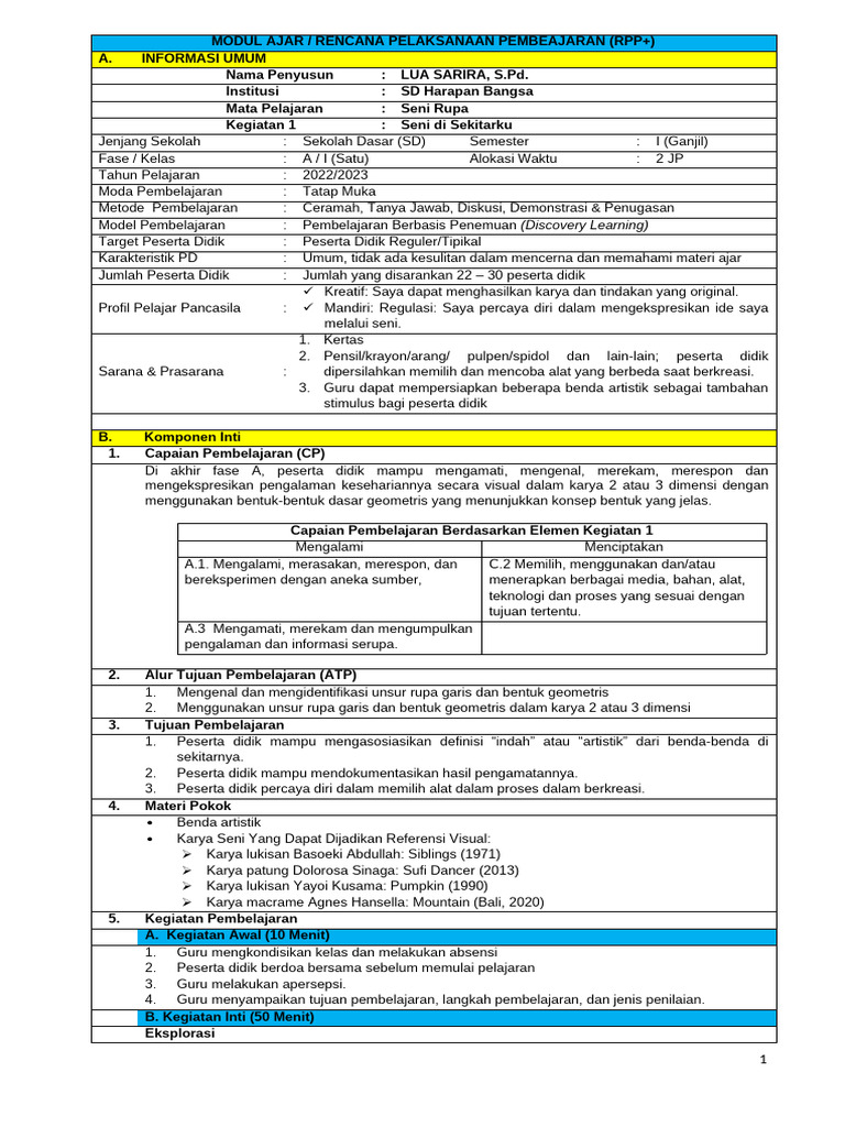 04. RPP SENI RUPA KLS I SMS 1 | PDF