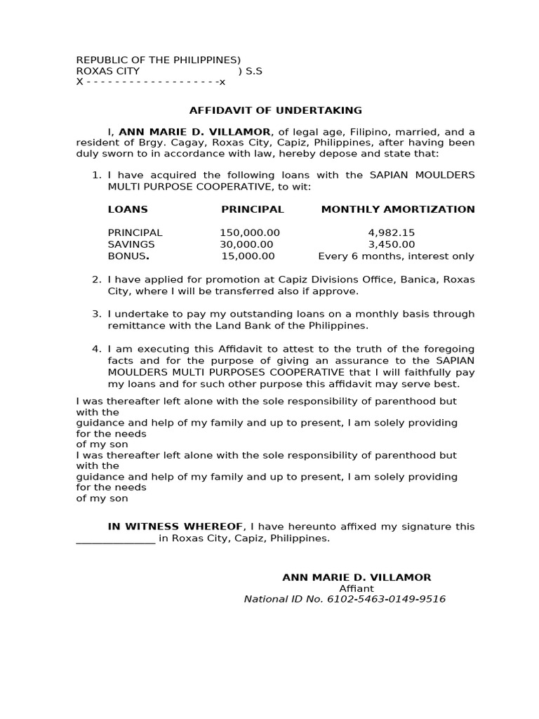 Affidavit of Loan Undertaking in Roxas City | PDF