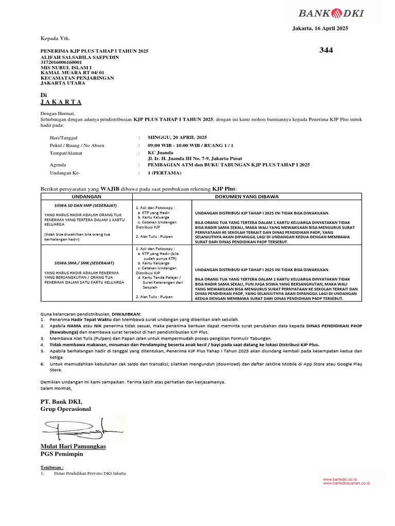 Undangan Pertama KJP THP I 2025 - Kec Penjaringan | PDF