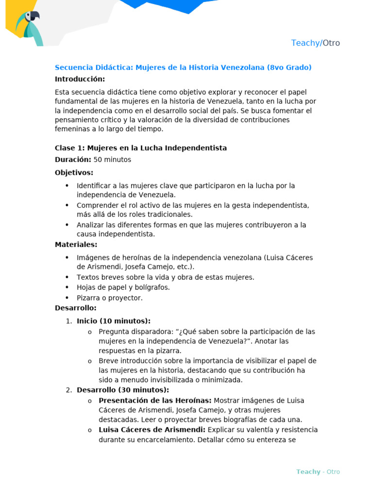 Mujeres en La Historia Venezolana Una Secuencia Didactica para 8vo ...