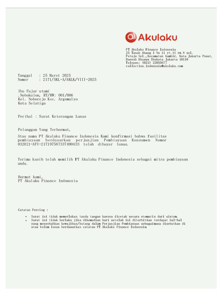 Keterangan Lunas-Ibu Fajar Utami | PDF