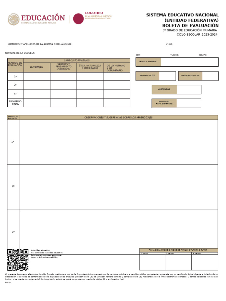 Boleta de Evaluación 5º Primaria 2023-2024 | PDF | Aprendizaje