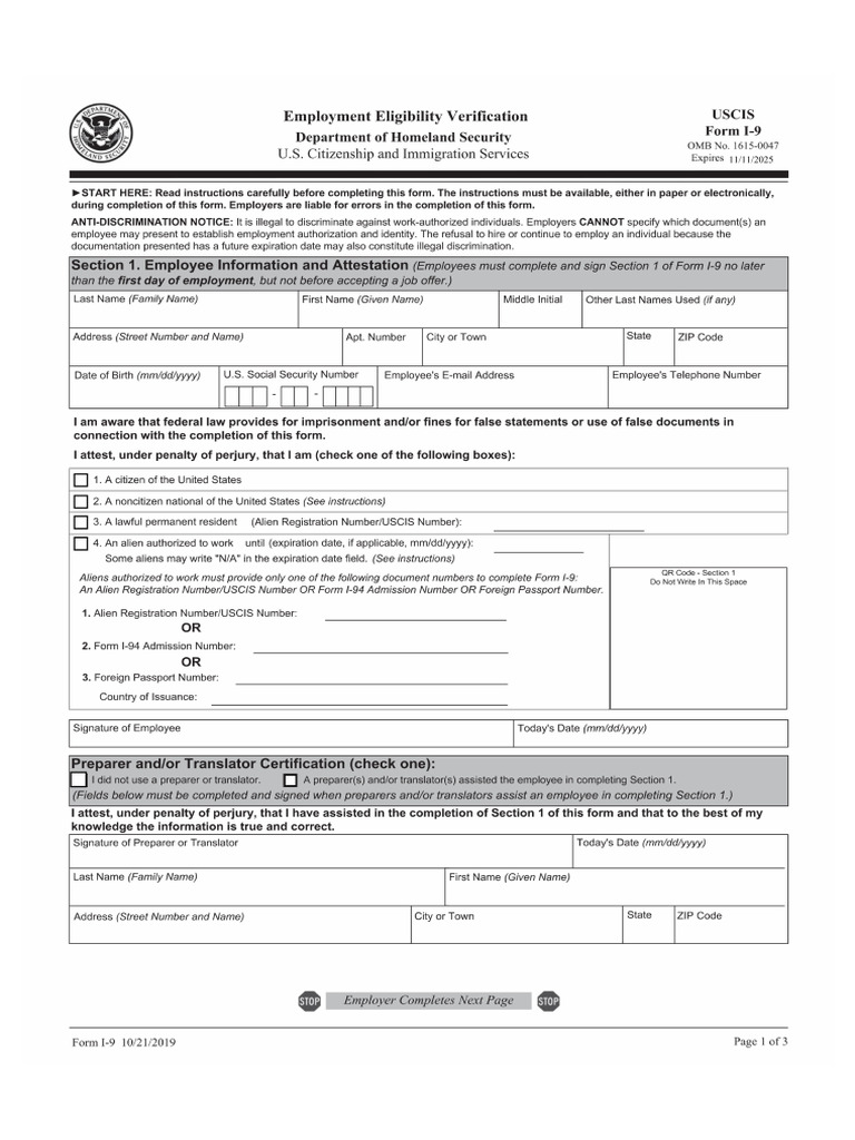 Form I 9 1 | PDF