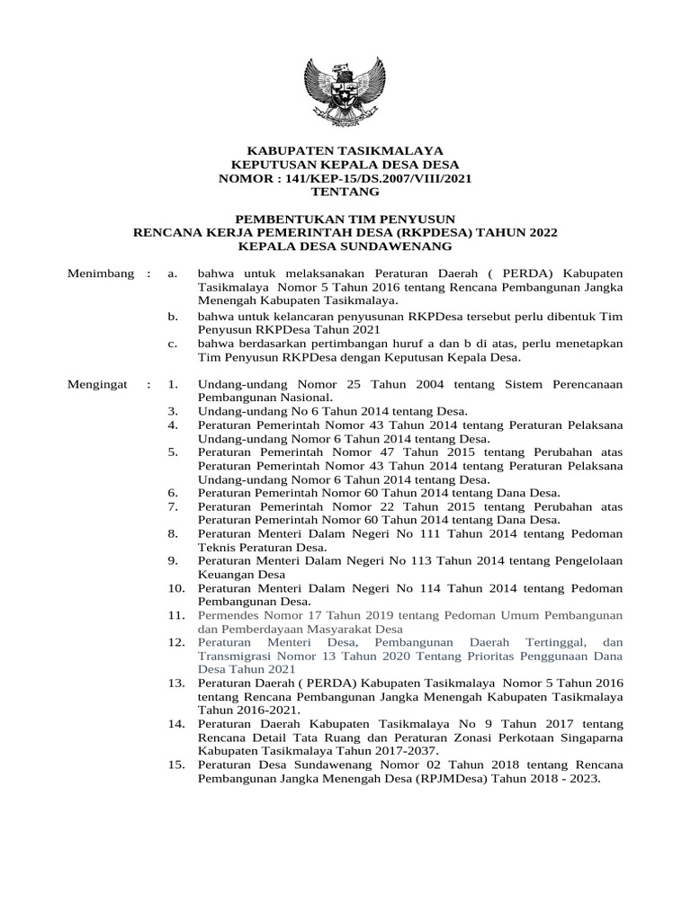 SK TIM PENYUSUN RKPDes 2022 | PDF