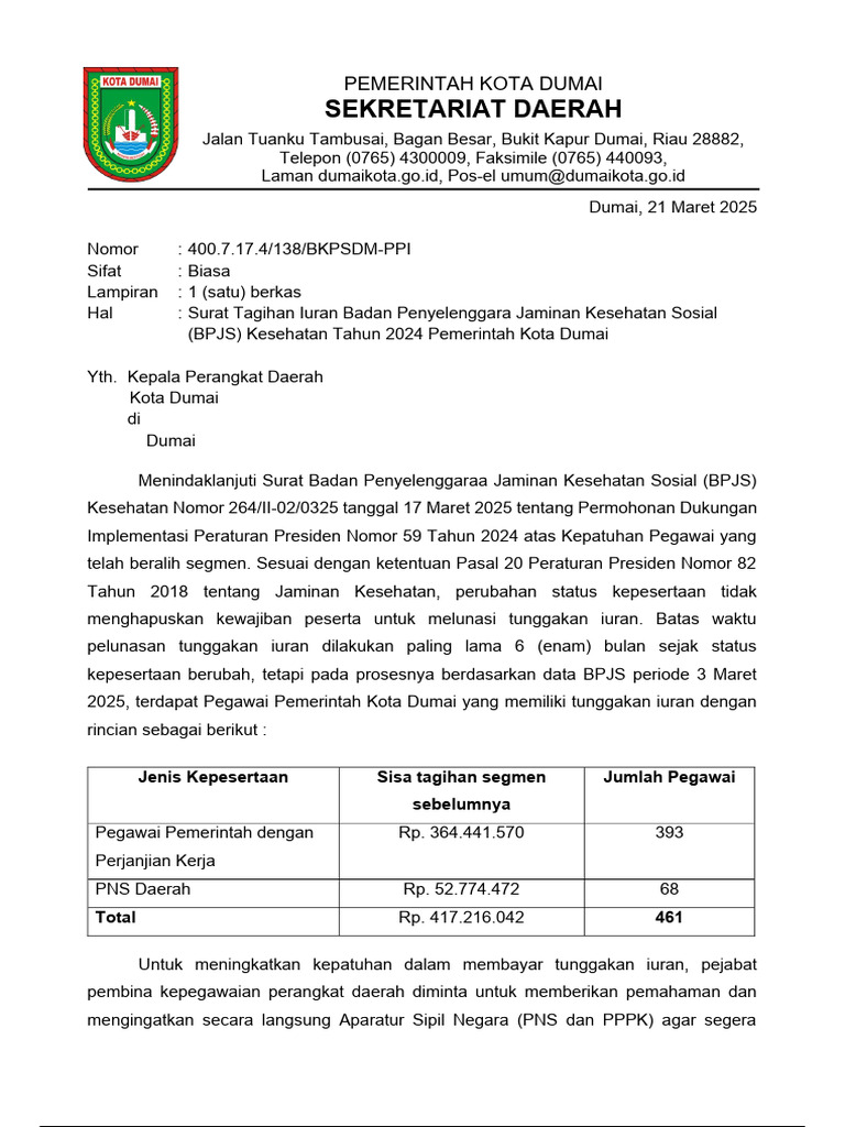 Surat Tagihan Iuran BPJS Kesehatan 2024 | PDF